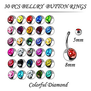 OMAIGAR Belly Button Rings 30 Pieces, Surgical Stainless Steel Belly Rings for Women with Colorful Crystal Diamonds, Body Piercing Navel Ring as Ideal Jewelry Set