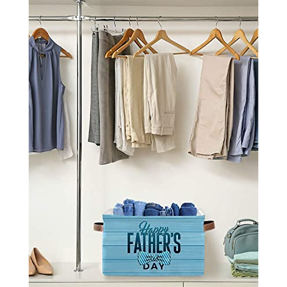 Storage Bin Foldable Storage Basket Happy Father's Day Bow Tie Blue Stripes,Large Storage Bins Handles Storage Baskets for Organizing,Farm Gradient Wood Grain Collapsible Storage Cubes Organizer 25L