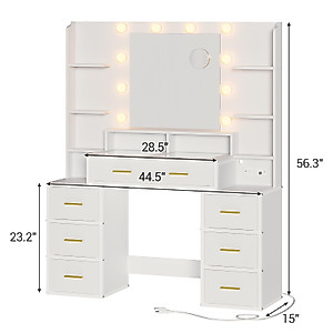 HAUOMS Makeup Vanities with Mirror and Lights, 10x Magnifying Mirror & Power Outlets, Glass Top Vanity Desk with 8 Drawers & 6 Shelves, 3 Light Settings for Women, Modern White