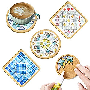 WATHFKCU 4 Sets DIY Glass Mosaic Tiles for Crafts,Mixed Color Mosaic Kits with Wooden Coaster for Adults,Mosaic Crafts Materials Package for Coaster Handmade Home Decor Gifts