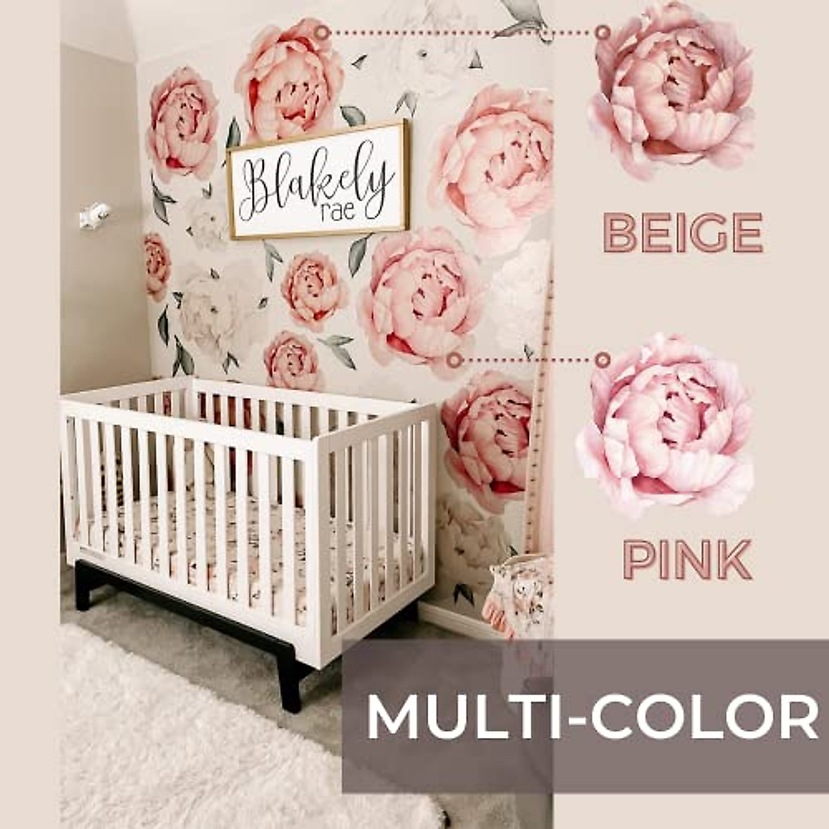 Wonder Space Jumbo Peony Watercolor Wall Decals - Large Size Peonies Flowers Leaves Room Wall Stickers - Scandinavian Design Floral (Pink & White)