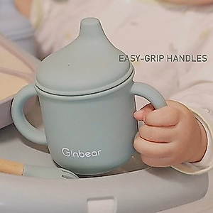 Ginbear 2-in-1 Sip-N-Straw Cup for Baby, Spill Proof Toddler Transition Sippy Cup with Straw, Silicone Baby Cup with Handles, Tiny Training Cups 6 Months+ (Hazy Green)