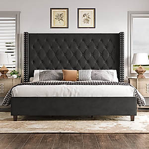 PaPaJet King Size Bed Frame 61.4" Tall Headboard Upholstered Velvet Platform Bed with Handmade Deep Button Tufted/No Box Spring Required/Black