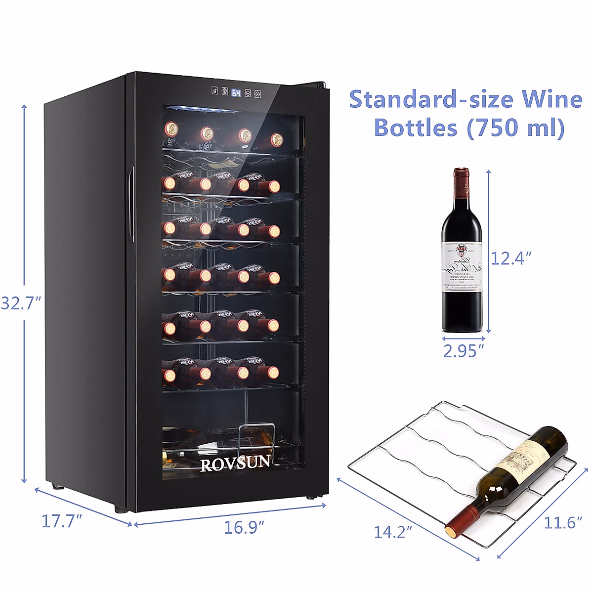 28 Bottle Wine Cooler Refrigerator, Freestanding Compressor Wine Chiller, Beverage Wine Fridge with Digital Temperature Control & Double-layer Glass Door for Red White Wine, Champagne, Beer