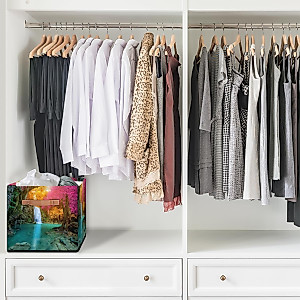 Aglebo Waterfall Jungle Scenery Storage Basket Collapsible Fabric Storage Box 13x13x13 Inches Square Cube Storage Bins with Handles for Home Living Room Closet Shelf Office Bedroom