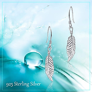 Feather Earrings 925 Sterling Silver Feather Dangle Earrings Hypoallergenic Earrings for Mens and Womens