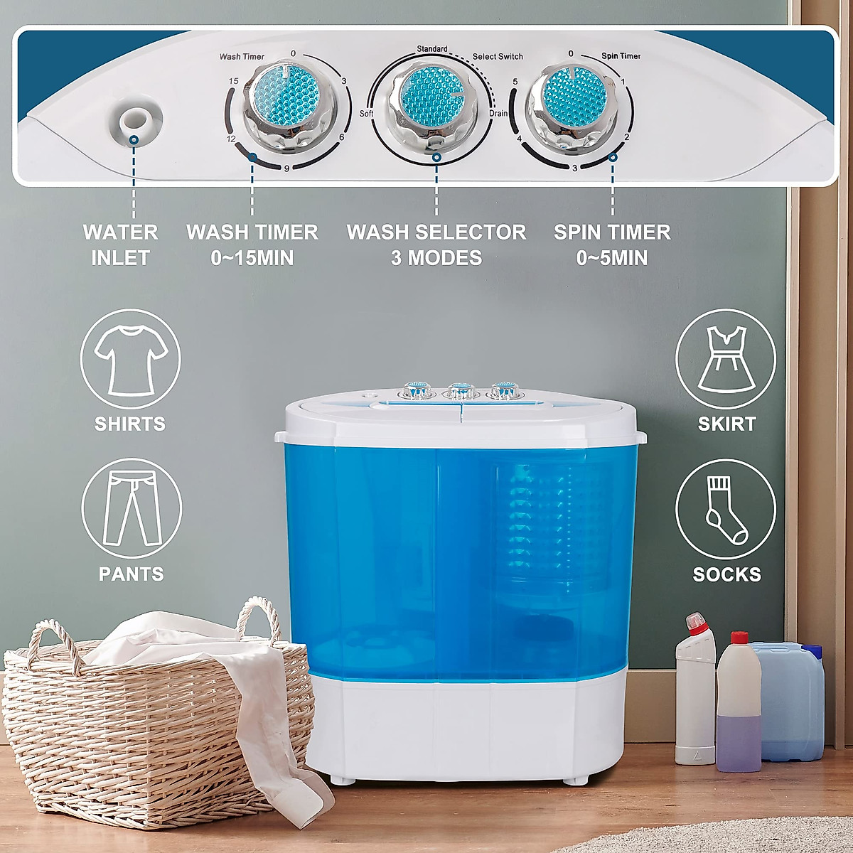 HomGarden 10lbs Portable Washing Machine with Twin Tub Electric Compact Washing Machine Mini Laundry w/Washer&Spinner, Gravity Drain Pump and Drain Hose