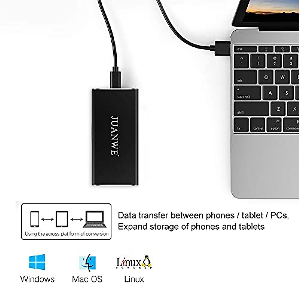 JUANWE 1TB Solid State External Hard Drive USB 3.0 Type-C Portable SSD High-Speed Read & Write Up to 550MB/s & 510MB/s, External Hard Drive for PC/Laptop/Mac, Black