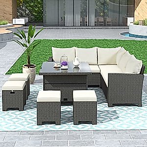 DHHU Patio Furniture, 8 Piece Weather Brown Wicker Sectional Sofa, Outdoor Conversation Set, Dining Table Chair with Ottoman, Cushions, Beige