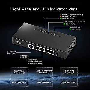 Binardat 5 Port Multi Gigabit Switch, 1 x 2.5 Gigabit and 4 x 1 Gigabit Ethernet RJ-45 Ports, Metal Fanless, Desktop and Wall Mount, Unmanaged Plug & Play Network Switch