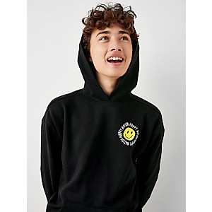 Happy Nation Relaxed Fleece Hoodie Sweatshirt, Pure Black, Medium