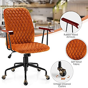 COSTWAY Orange Velvet Office Chair, Upholstered Home Leisure Chair with Rubber Wood Armrests & 5-Claw Metal Base, Vintage Mid-Back Computer Desk Chair for Adult, Home, Office, Study