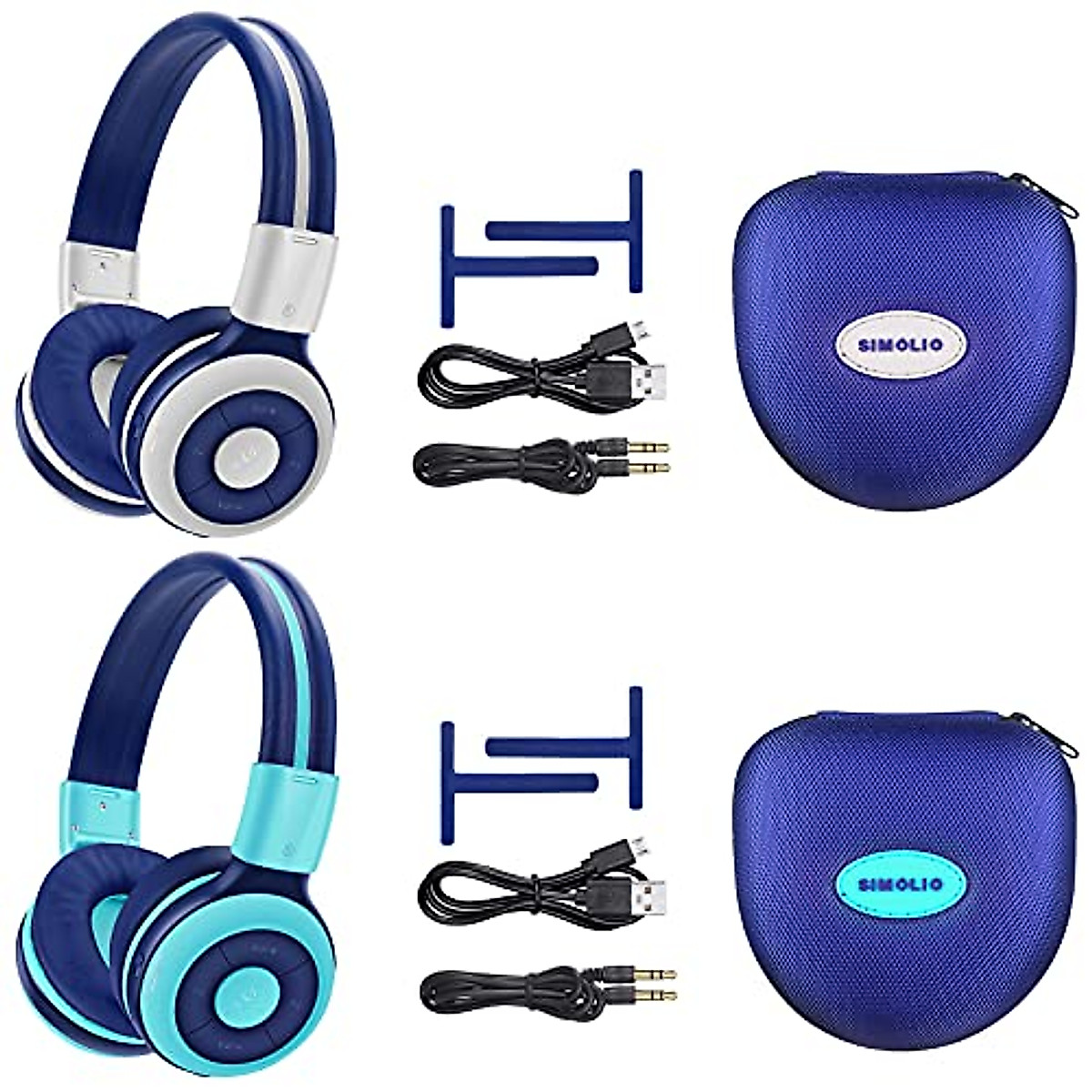 2 Pack of SIMOLIO Bluetooth Headphone for Teens, Kids Headphone with 75dB,85dB,94dB Volume Limited, Kids Bluetooth Headphone with Mic, On-Ear Headset with EVA Case (Mint+Grey)