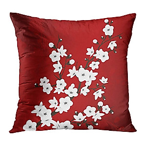 ArtSocket Set of 4 Throw Pillow Covers Japanese Tree Eastern Nature Home Flowers Cherry Blossom Beige Cream Decorative Pillow Cases Home Decor Square 18x18 Inches Pillowcases