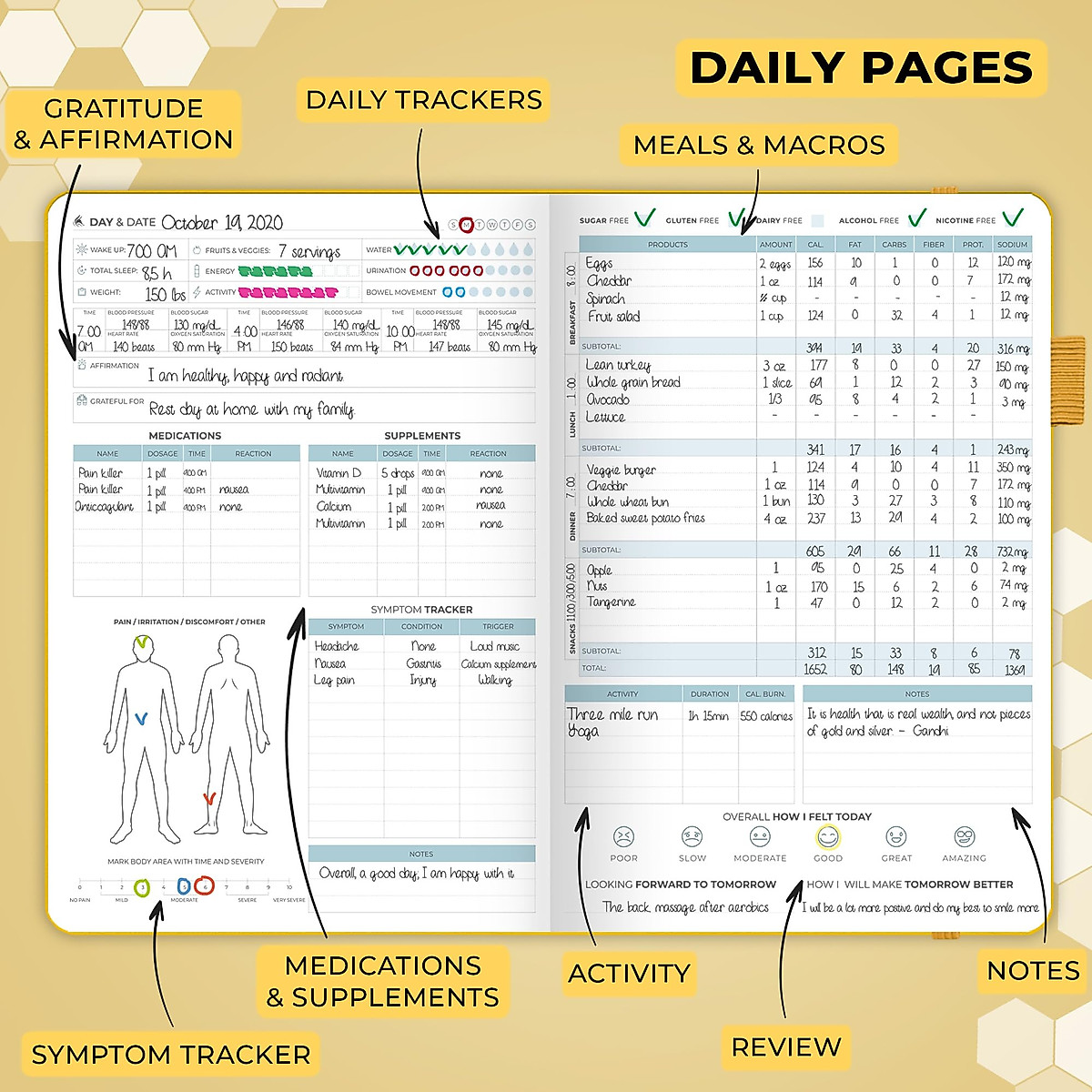 Clever Fox Medical Planner Daily – Health Diary Notebook, Wellness Journal & Self-Care Logbook, Lasts 3 Months, 7x10.5″ (Amber Yellow)