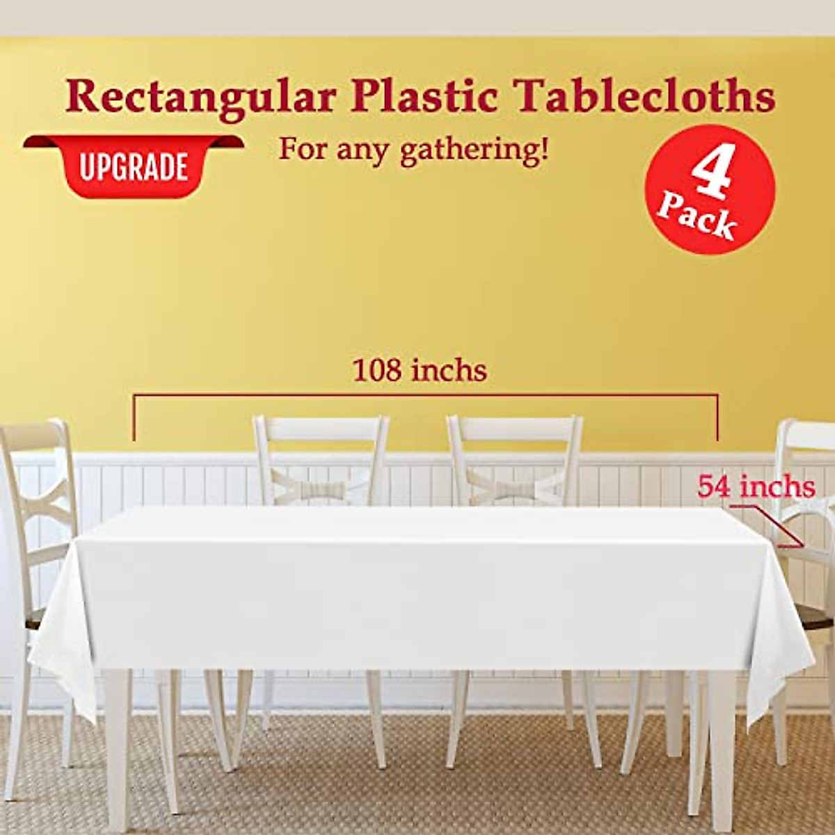 Kincown Plastic Tablecloth 4 Pack Premium Disposable Tablecloth for Rectangle Tables (54"X108") Rectangular Table Cloths Covers for Party Wedding Birthday Thanksgiving Christmas (White)