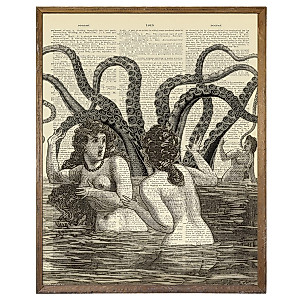 Octopus Tentacles Retro Steampunk Wall Art - Pirate Mermaid Pictures for Wall - Vintage Angry Octopus Wall Decor - Nautical Poster Print Bathroom Bedroom - Unique Kraken for Guest Bath Lovecraft Gift