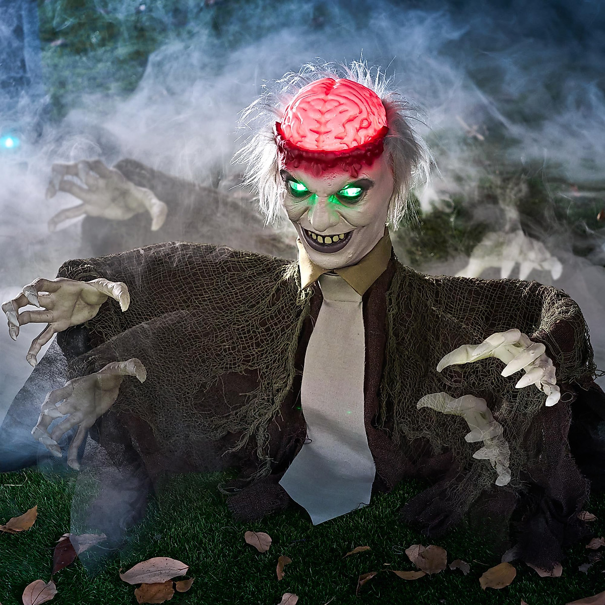 JOYIN Halloween Animated Zombie Groundbreaker Animatronic Decorations with Light-up Brain and Movable Hands for Halloween Indoor Outdoor Decorations, Haunted House, Lawn, Yard Décor