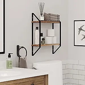 Wallniture Ponza 2-Tier Floating Shelf for Bathroom Organization and Storage Natural Burned Rustic Wood Wall Decor with Metal Brackets