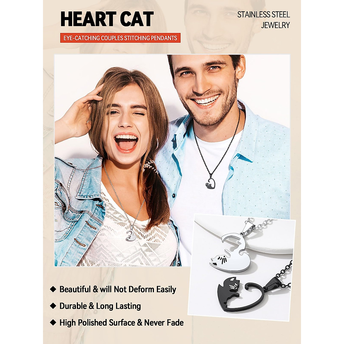 FaithHeart Cat Matching Necklace for Couple, Stainless Steel Puzzle Pieces BFF Pendants for Women, Cute Friendship Necklaces for 2 Ladies