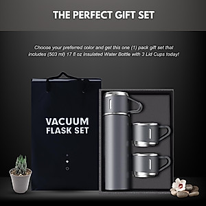 Gray Vacuum Flask Set - Insulated Water Bottle w/ 3 Cups Gift Set - Thermos Water Bottle for Hot and Cold Drinks - Reusable Stainless Steel Water Bottles for Indoor and Outdoor Activities (17 Fl Oz)