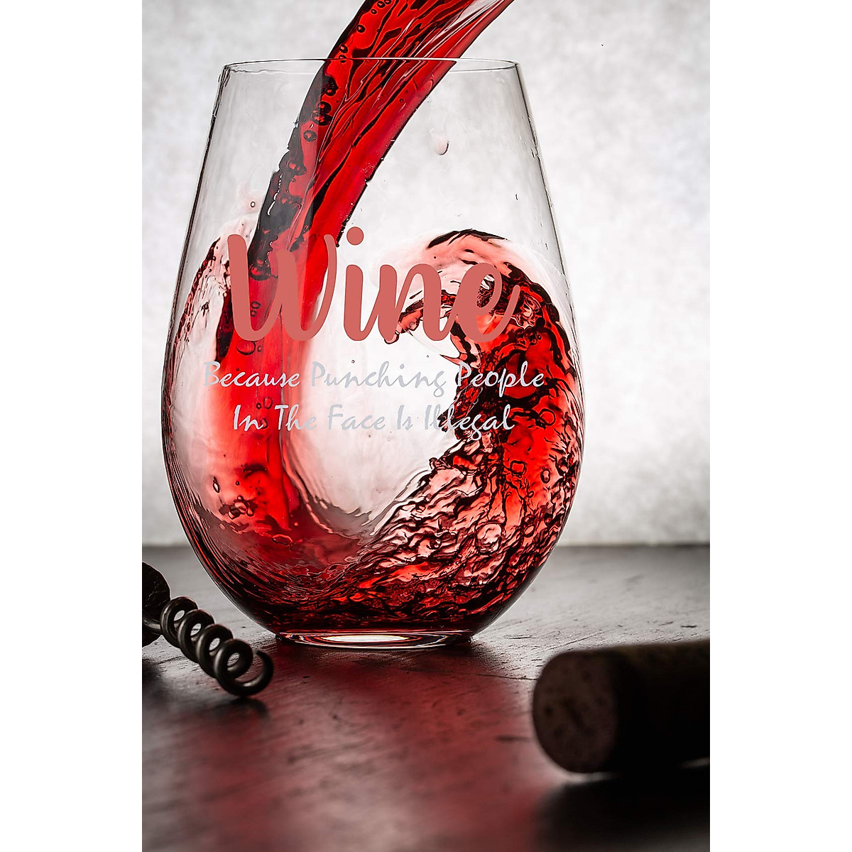 Wine Because Punching People In The Face Is Illegal 15oz Crystal Wine Glass - Fun Unique Novelty Idea for Him, Her, Mom, Wife, Coworker, Boss, Sister, Best Friend, Mom Birthday Mother's Day Christmas