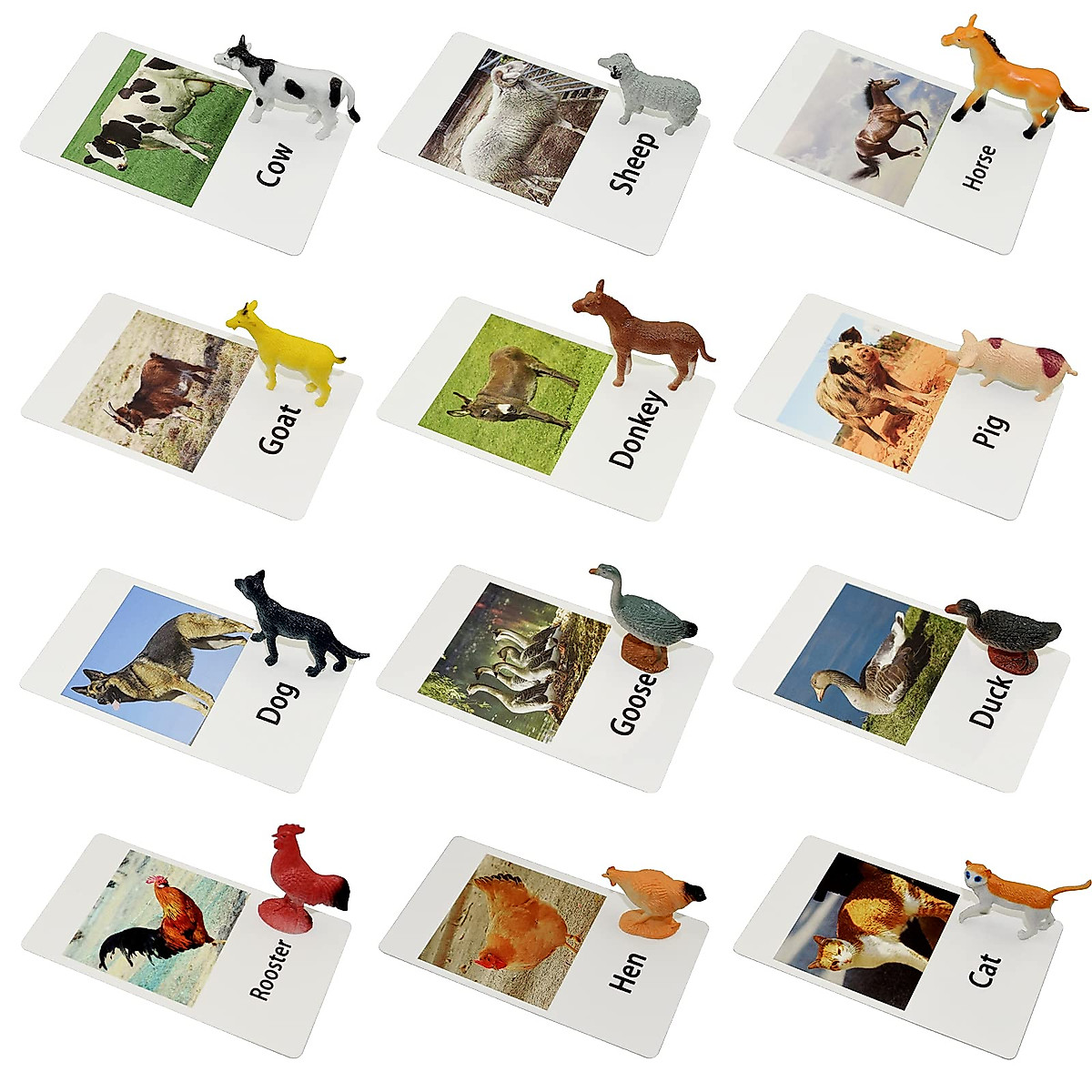 Farm Animal Toys with Flash Cards - 12 Sets of Realistic Animal Figures - Educational Learn Cognitive Toys & Animal Matching Game Playset for Toddlers Kids