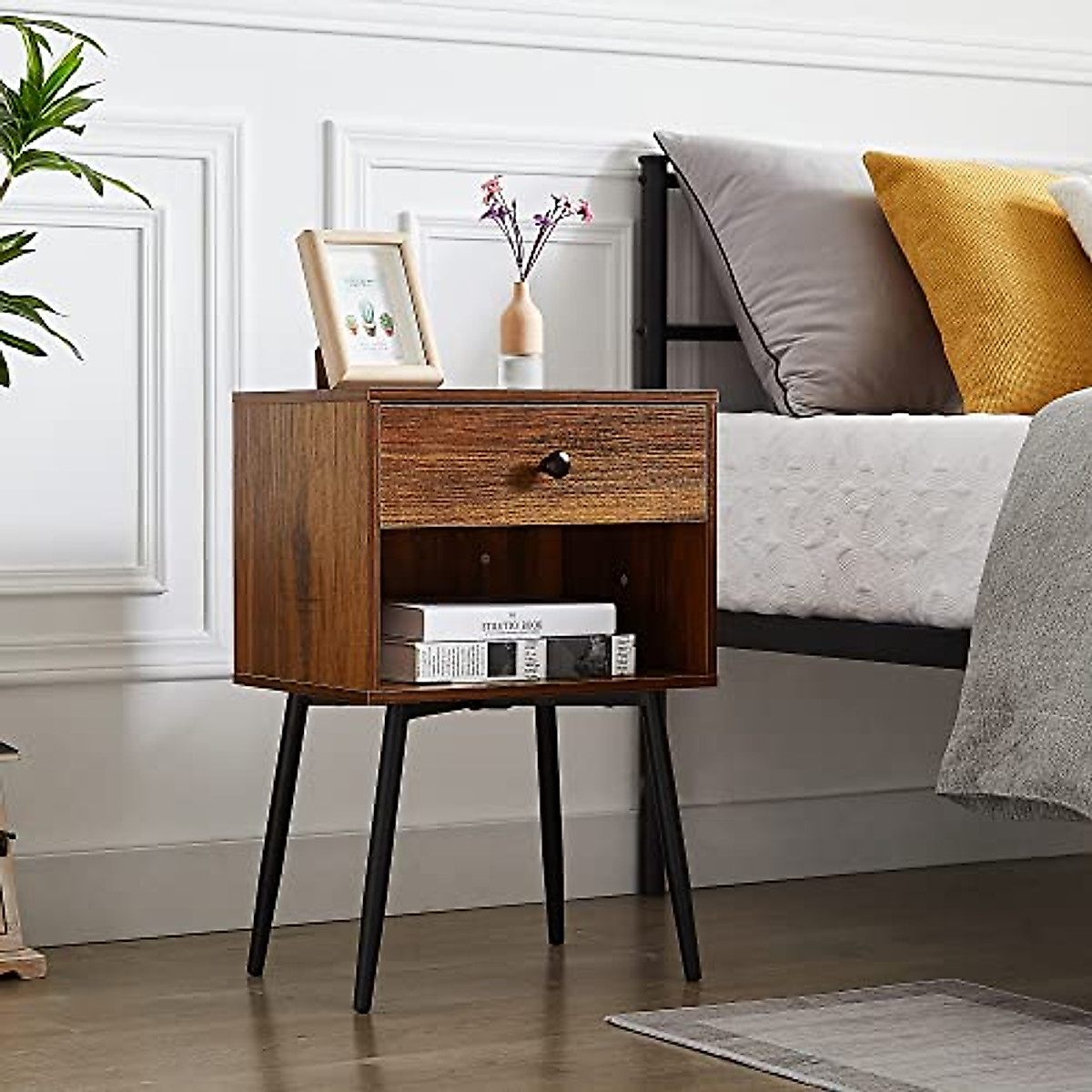VECELO Nightstand Set of 2 Easy Assembly, 2-Tier Modern Night Stand/Side Table with Drawer and Storage Shelf for Small Places, Bedroom, Living Room, 23.6 Inch, Brown