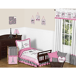 Sweet Jojo Designs Paris Girl Fitted Crib Sheet Baby or Toddler Bed Nursery Photo Op - Hot Pink, Black and White Eiffel Tower Striped Hot Air Balloon