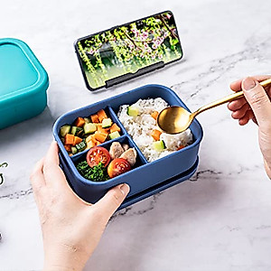 QTECLOR 3 Compartment Silicone Bento Lunch Box for Adult Kids, Food Container Leak-Proof BPA-Free Food Lunch Storage Boxes, Microwave,Dishwasher Safe,Lunch, Snack and Sandwich Food Container