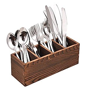 ALL Music-box Wooden Silverware Caddy, Kitchen Utensil Holder with 4 Adjustable Compartments, Silverware Storage Kitchen Flatware Caddy