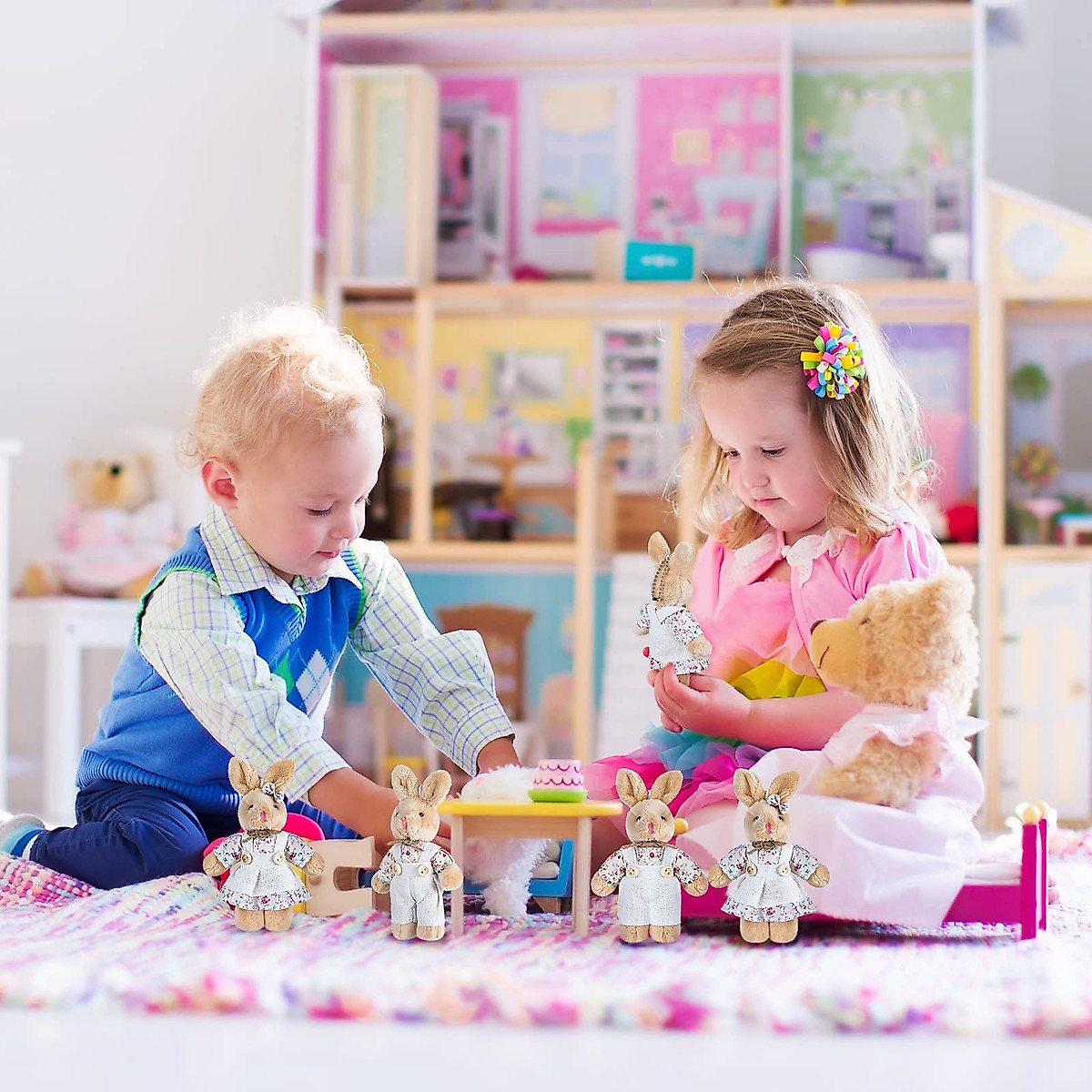 Skylety 12 Pcs Mini Bunny Plush Stuffed Animal Small Couple Easter Rabbit Plushie Burlap Floral Baby Shower Decoration Cute Soft Bunny for Valentines Birthday Party Favor, 4 Inch (Cute Style)