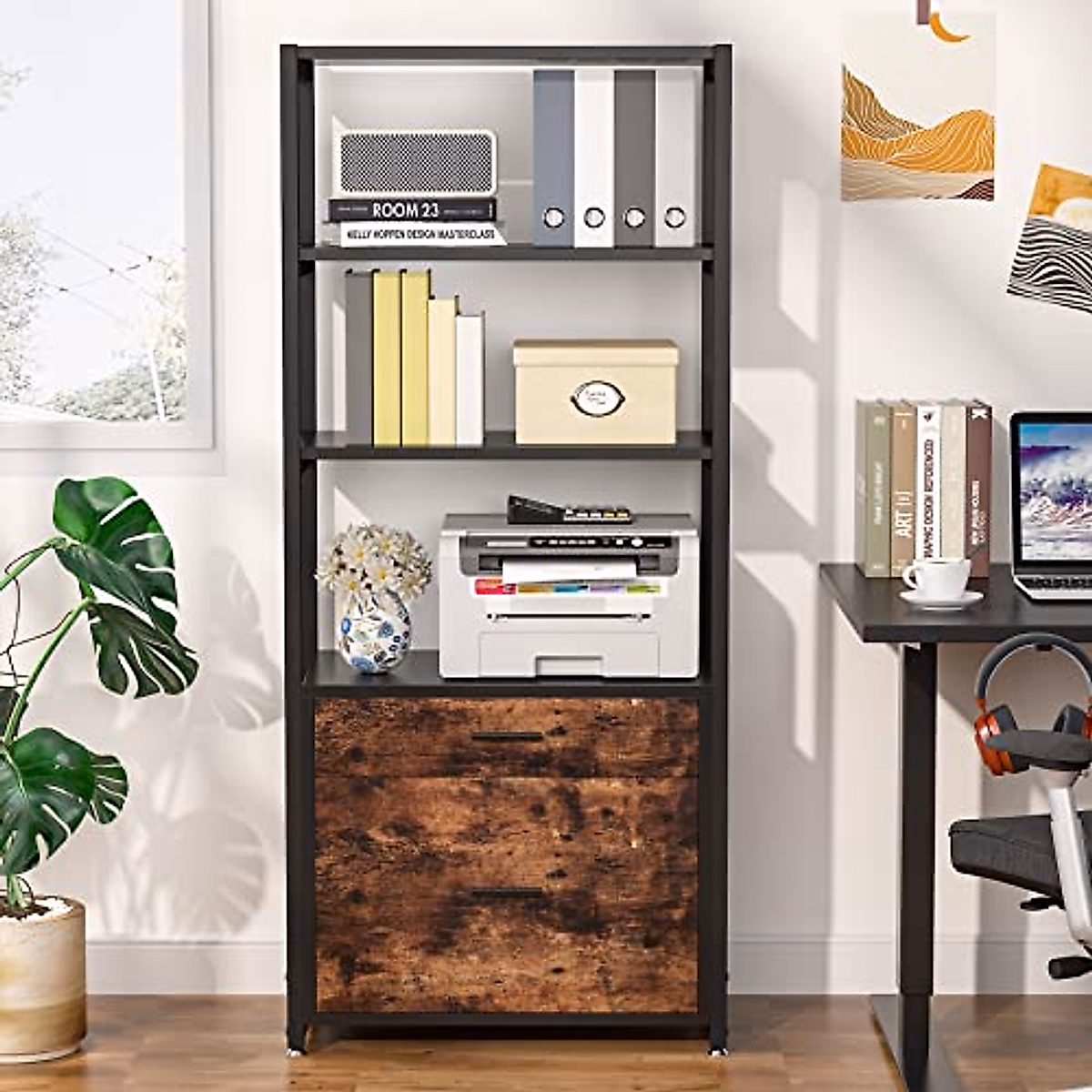 Tribesigns Bookcase Bookshelf, 4-Tier Modern File Cabinet with 2 Drawers, Lateral Filing Cabinet accommodate Legal/Letter / A4 Size for Home Office Organizer
