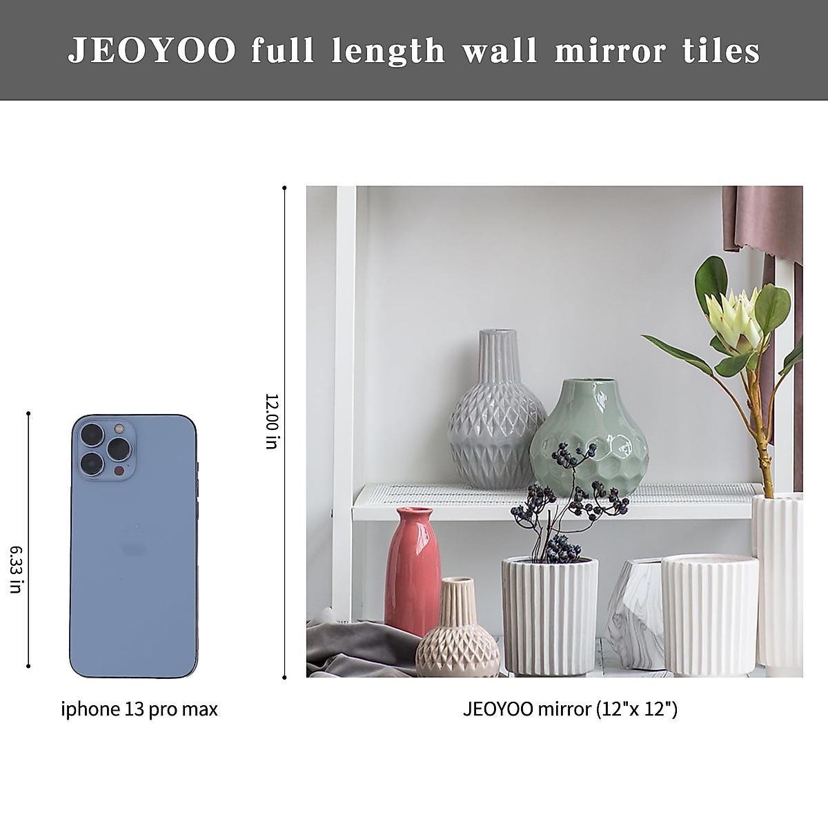 JEOYOO HD Glass Full Length Wall Mirror Tiles, 12'' x 12'' x 4PCS, Frameless Full Body Mirror Tiles for Bedroom, Full Length Mirror Wall Mounted for Home Gym, Door