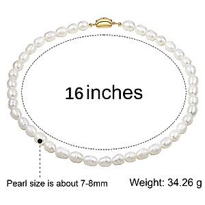 InzheG Freshwater Pearl Necklace 16 Inches 14K Gold Plated 7-8mm Cultured White Pearl Necklace Dainty Trendy Sweater Necklace Holiday Gift for Women Girls