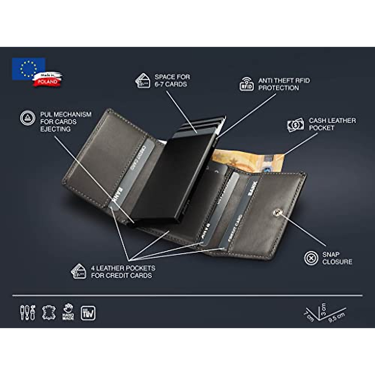 PULARYS Mini Wallet BOSTON - Multifunckion Credit Card Case - Italian Leather - RFID blocking - Size: 7.5 x 9.5 x 2.5 cm - Space for up to 10 Cards - Snap Fastener - Classic Design