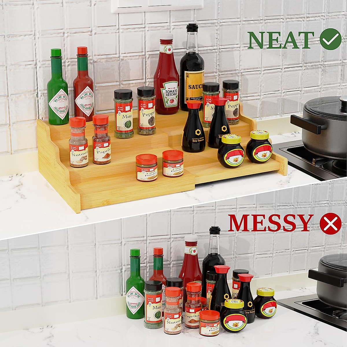 VOPOG Spice Rack Organizer for Cabinet, 4 Tier Expandable Spice Rack, Bamboo Spice Organizer for Kitchen Cabinet, Pantry and Countertop Organization- Natural