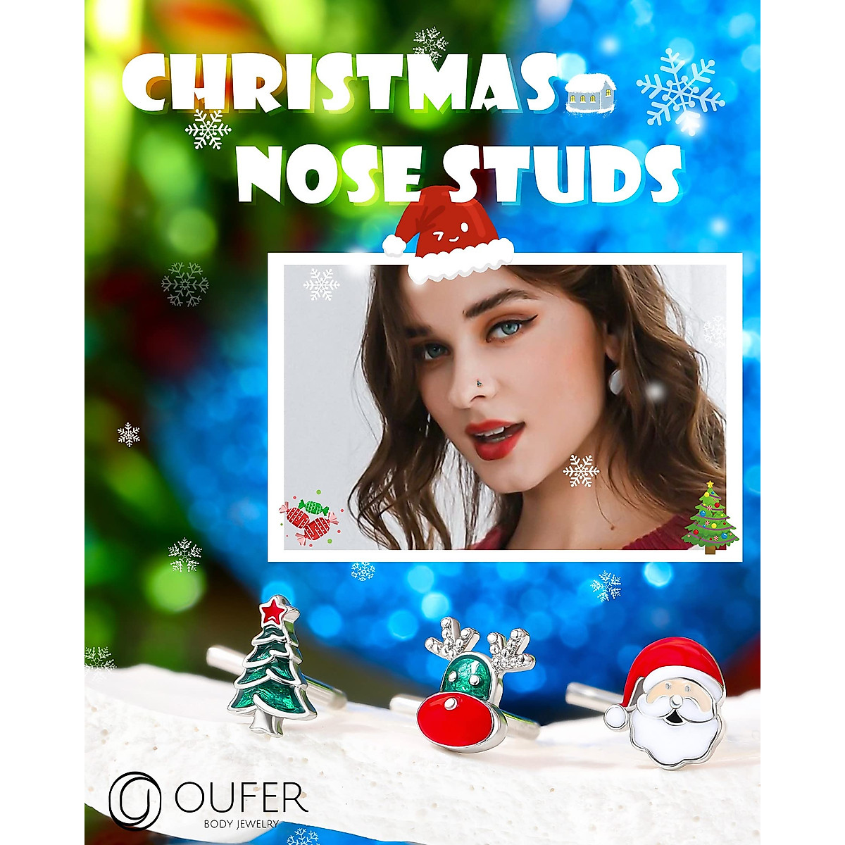 OUFER 20G Nose Studs, Christmas Elements L-Shaped Nose Piercing Jewelry, 316L Stainless Steel Nose Ring Stud, Nostril Piercing Jewelry for Women And Men