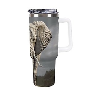 LLUTSNTH 40 Oz Vacuum Tumbler with White Handle Leakproof Insulated Tumbler 3D Elephant Stainless Steel Travel Mug with Lid And Straw Coffee Cup Cute Water Bottles Cup Holder Friendly