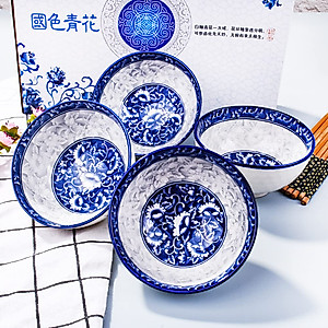 Chinese Bowls and Chopsticks Set of 4 for Rice Soup, Ceramic Rice Bowls, Blue and White Porcelain Cereal Bowls with Delicate Box As a Gift