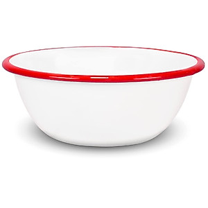 Red Co. Set of 4 Enamelware Metal Classic 20 oz Round Cereal Bowl, Solid White/Red Rim