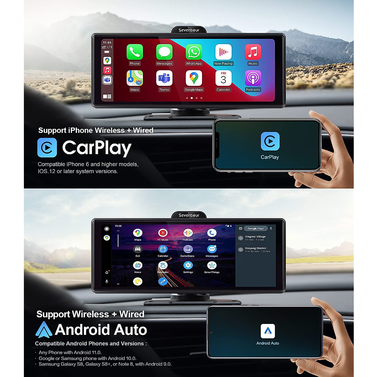 Portable 9.3" Dash Mount Apple CarPlay with 4K Front and Rear 1080P Dash Cam,Wireless Android Auto Car play Screen Stereo for Cars, with Backup Camera/Bluetooth/AUX/FM,Head Unit,Car Audio Receivers