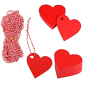 KIMOBER 150 PCS Valentine Red Gift Tags,Heart Shaped Kraft Paper Hanging Tags with Twine for Valentine's Day Wedding Party Decorations