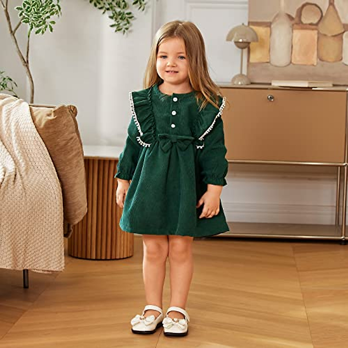 Toddler Girl Fall Dress Kid Solid Corduroy Ruffle Long Sleeve Princess Dress Winter Outfit Little Girl Casual Clothes(Green, 18-24M)