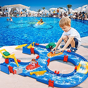 VATOS Water Toy for Kids,39pcs DIY Mini Water Park Building Blocks Toy on Table or Lawn,Beach, Waterway Playset with 2 Boats, for Kids in Summer Outdoor Backyard