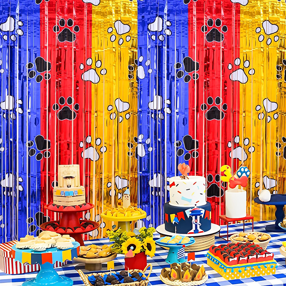 Bupelo Paw Birthday Decorations, 2 Pack Gold Red and Blue Paw Birthday Party Supplies 3.3 x 6.6ft Tinsel Foil Fringe Curtains Photo Booth Props Backdrop Streamers, House Doorway Room Decor for Kids