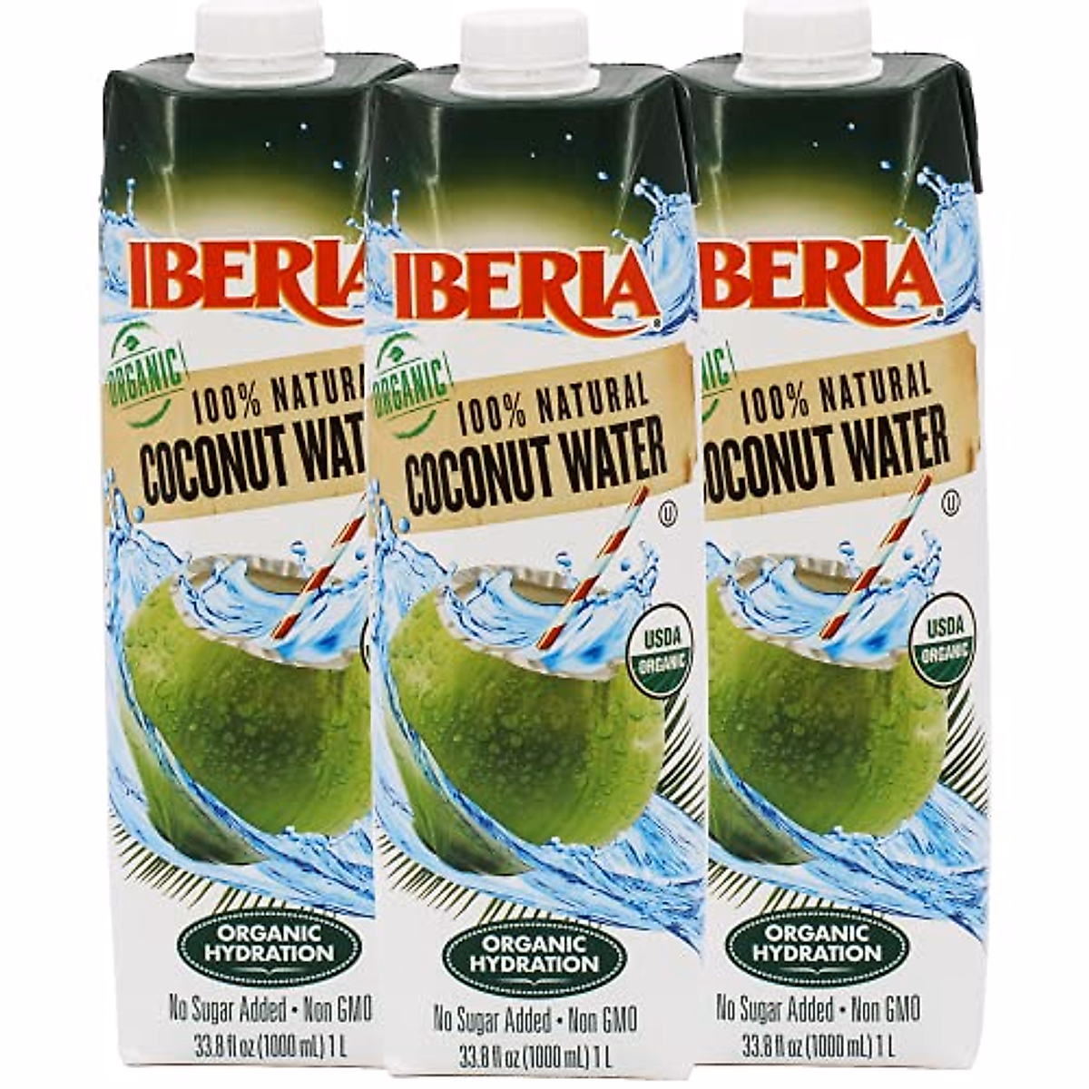 Iberia 100% Pure Organic Coconut Water, 1 Liter , 33.8 Fl Oz (Pack of 3)