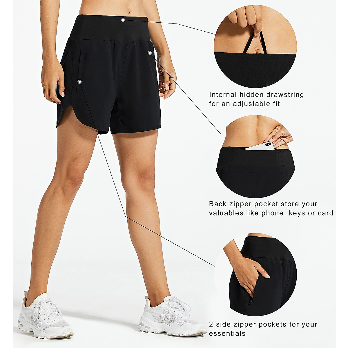 Libin Women's 5 Inches Athletic Running Shorts with Liner Quick Dry Workout Gym Shorts for Lounge Sports with Zipper Pockets,Black L