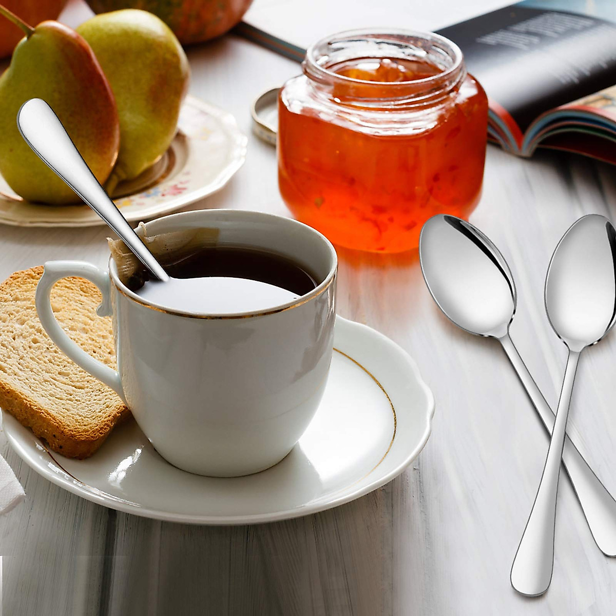 E-far Stainless Steel Teaspoons Set of 12, Modern Silverware Flatware Dessert Spoons for Home, Kitchen, Restaurant, Round Edge & Mirror Polished, Dishwasher Safe - 6.7 Inches