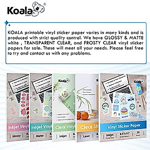 Koala Printable Vinyl Sticker Paper for Inkjet Printer - Frosty Clear Sticker Paper - 20 Sheets Waterproof Sticker Printer Paper - Tear and Scratch Resistant, Quick Dry, 8.5x11 Inches